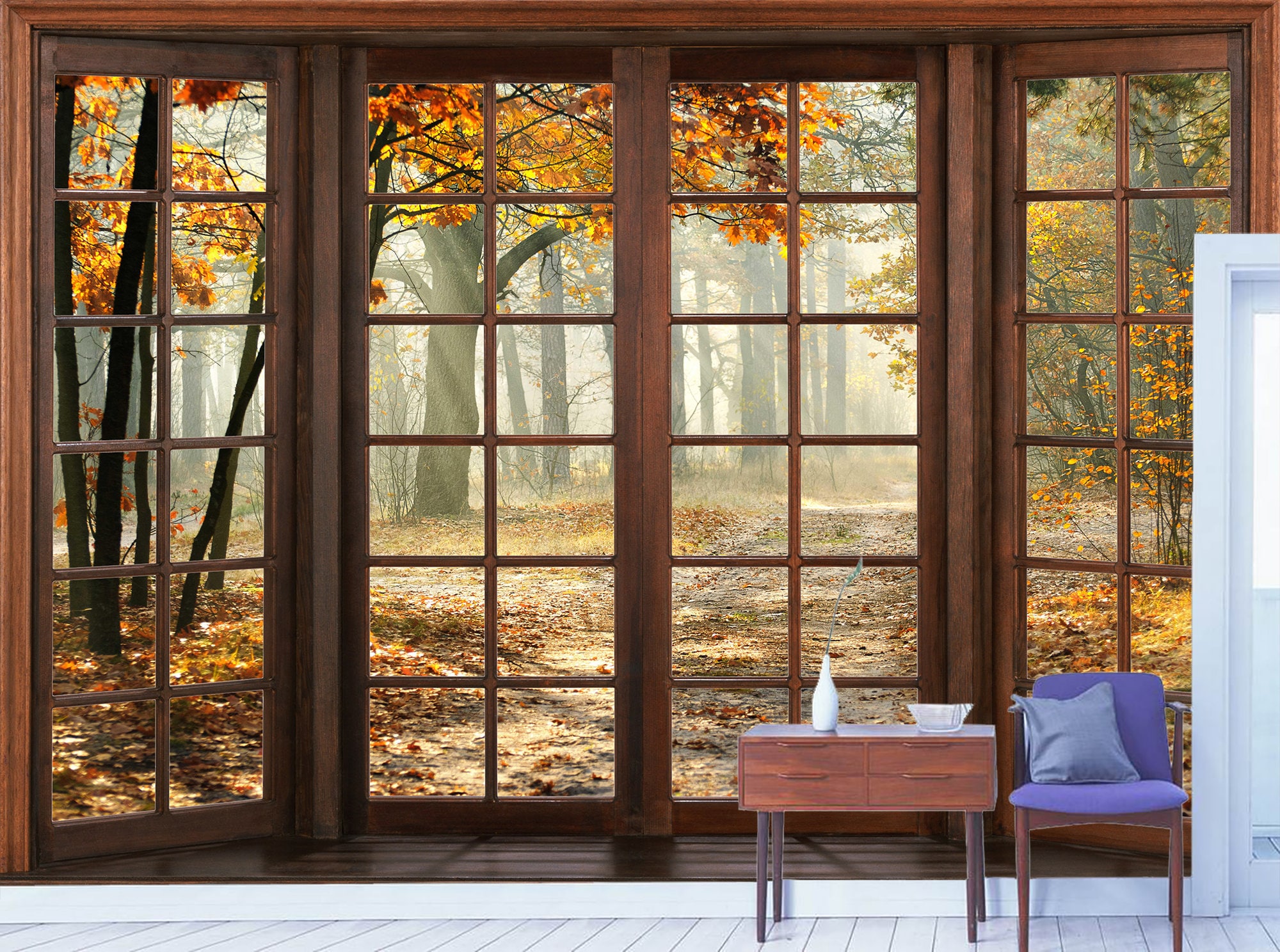 Fake Window Look Nature Wallpaper, Fake Window Autumn Wall Decor, Self ...