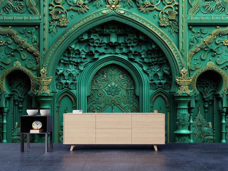Islamic Arches Wallpaper: Green Arabian Column Wall Art (self-adhesive ...