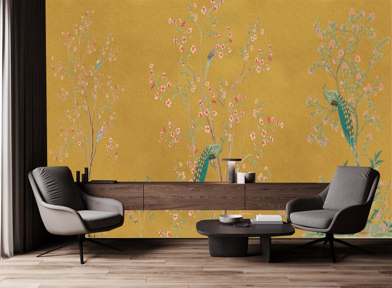Chinese Style Golden Yellow Wallpaper, Vintage Garden Peacock Wall Art ...