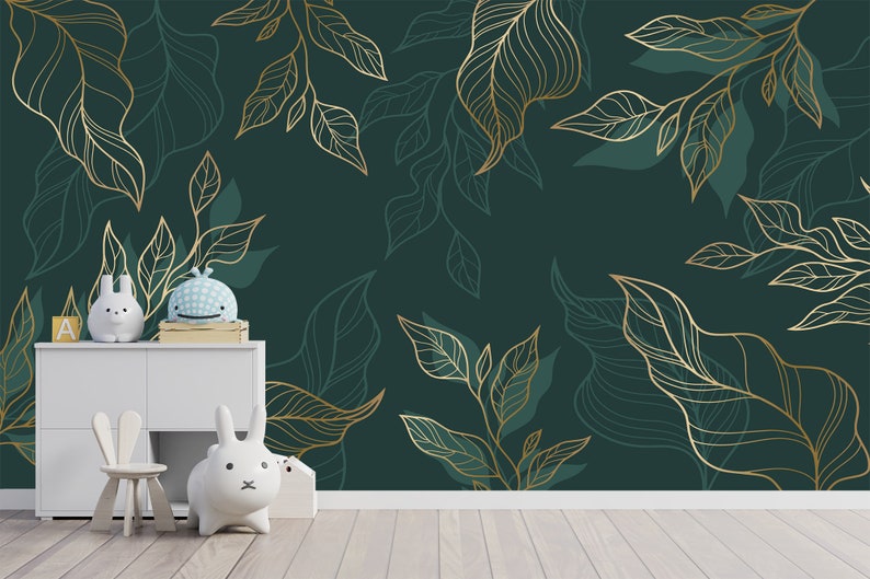 Green and Gold Tropical Leaves Wallpaper, Gold Leaf, Green Leaf, Self ...