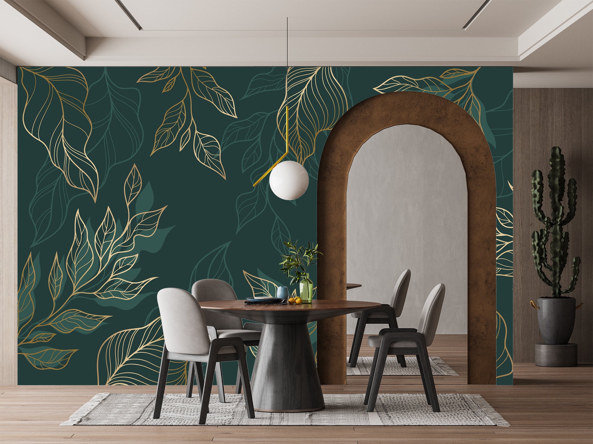 Green and Gold Tropical Leaves Wallpaper, Gold Leaf, Green Leaf, Self ...