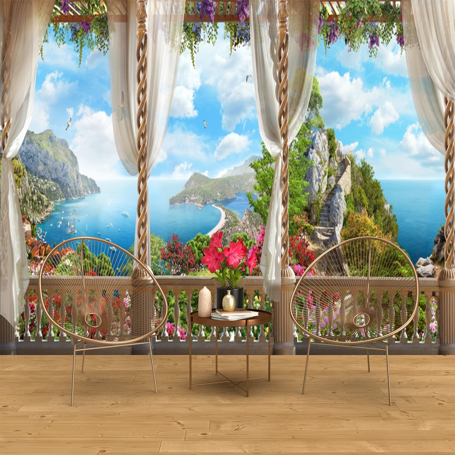 Sea View Terrace Wallpaper, Sea Facing Balcony Design, Fake Window View ...
