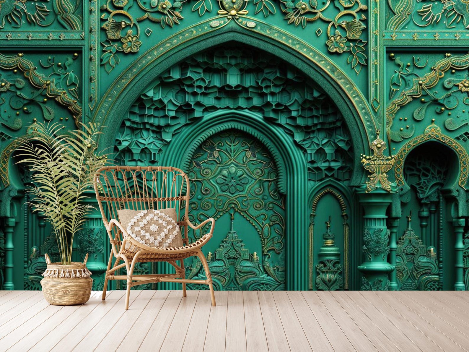 Islamic Arches Wallpaper: Green Arabian Column Wall Art (self-adhesive ...