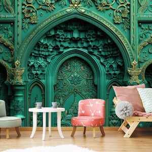 Islamic Arches Wallpaper: Green Arabian Column Wall Art (self-adhesive ...