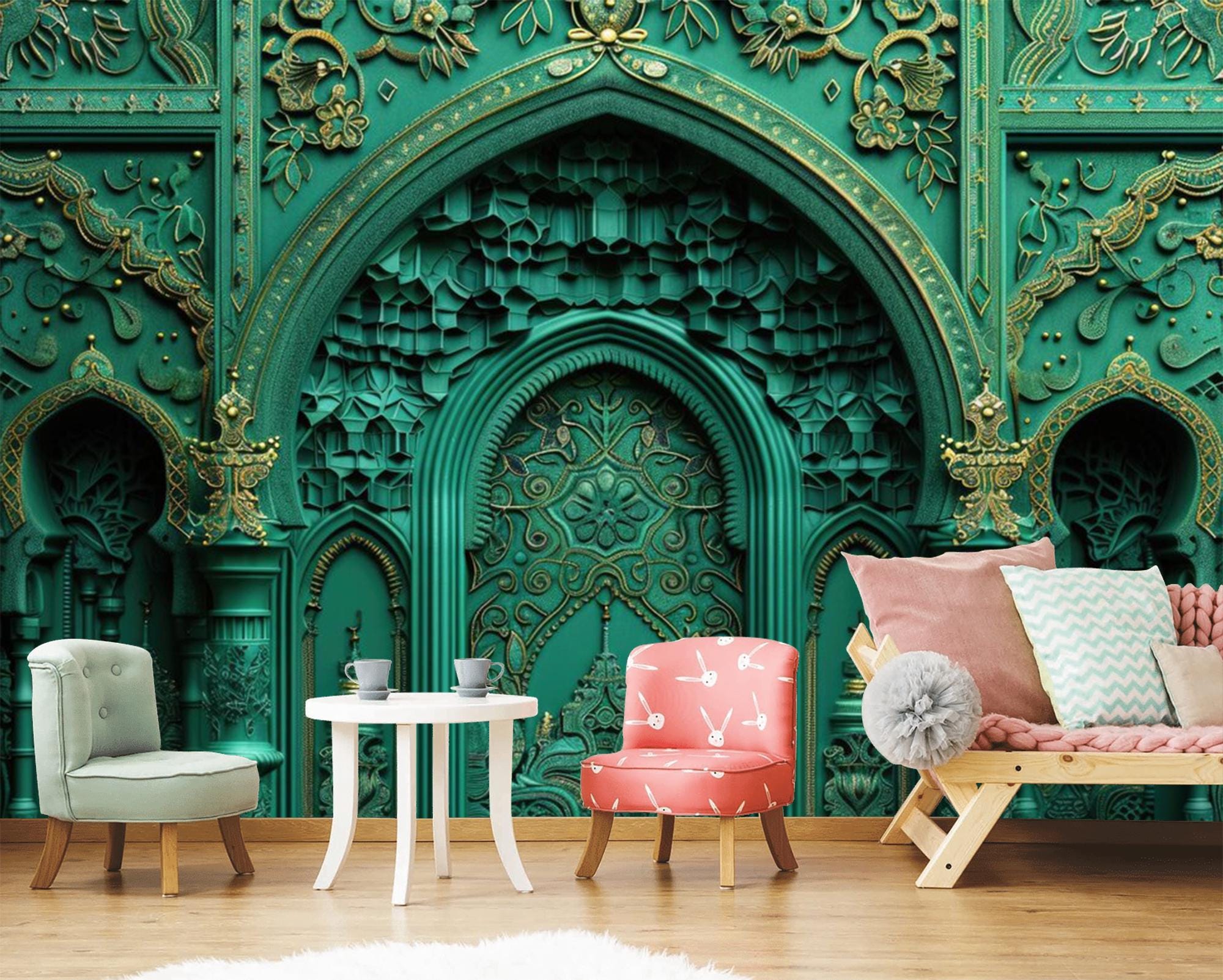 Islamic Arches Wallpaper: Green Arabian Column Wall Art (self-adhesive ...