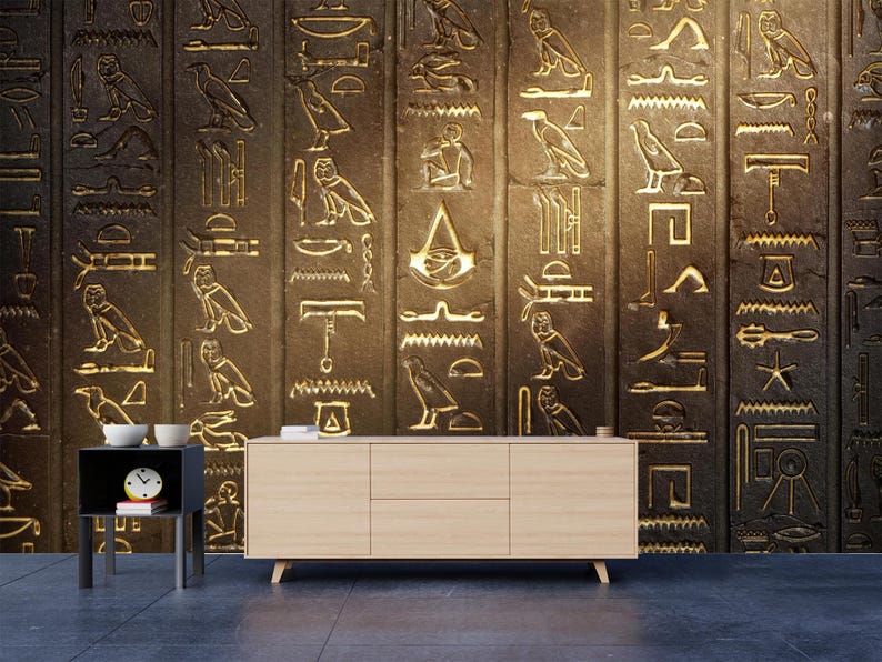 Golden Hieroglyph Peel and Stick Wallpaper: Ancient Egyptian Design - Etsy