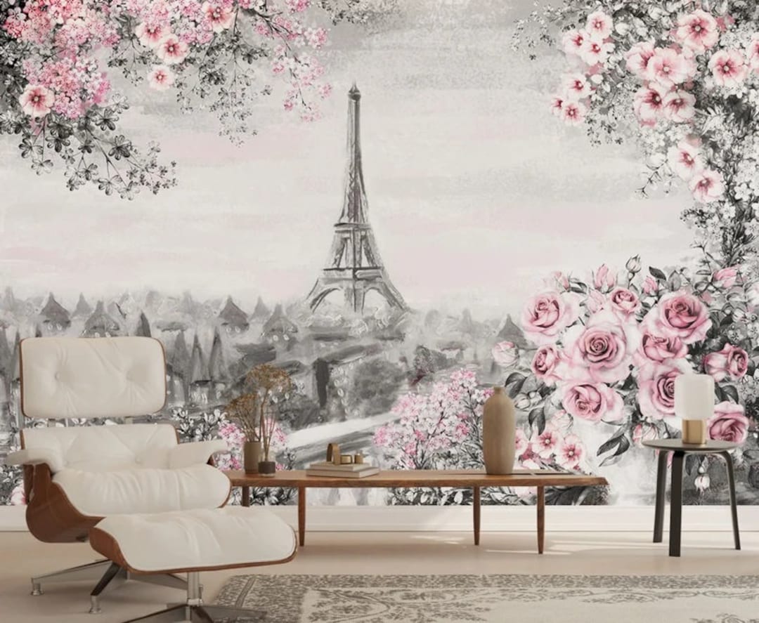 Eiffel Tower Floral Wallpaper: Paris Wall Art, Peel and Stick Non-woven ...