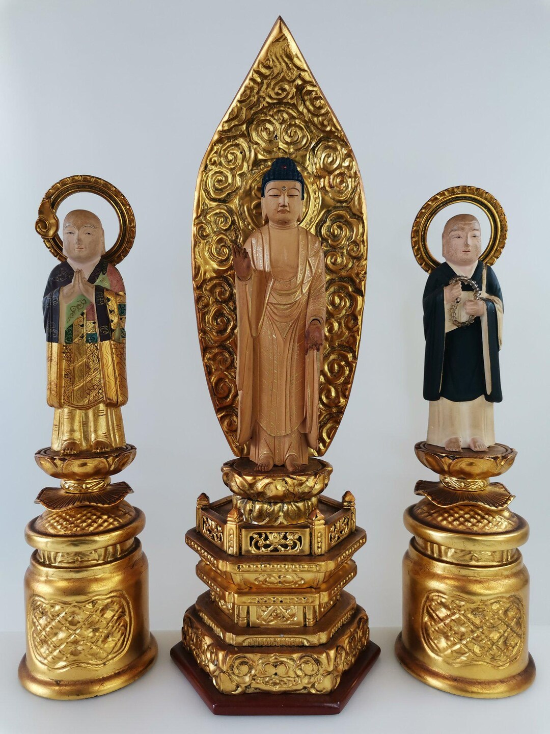 Jodo-shu(浄土宗) Buddhist Triad Statue Set: Amida Buddha, Honen Shonin ...