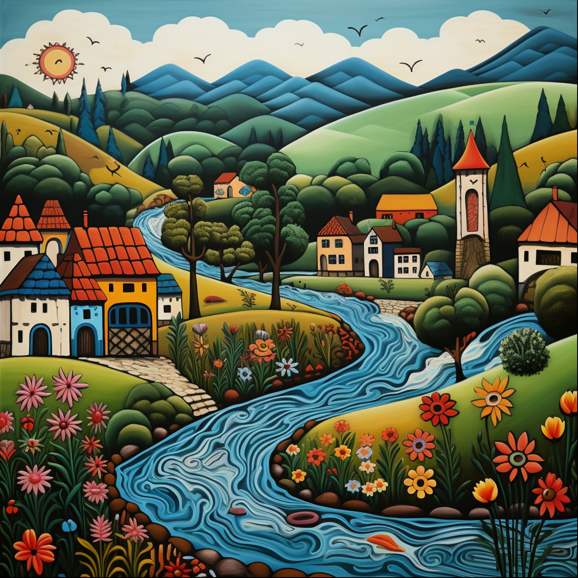 Enchanting Digital Folk Art Map of a Quaint Village A Child-friendly ...