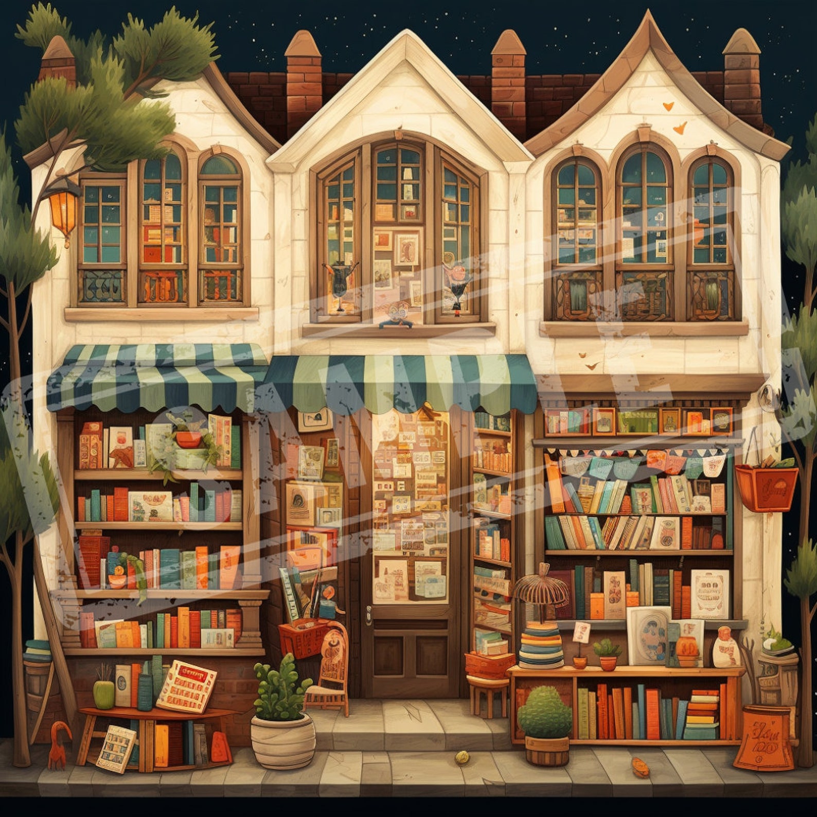 Charming Chapters: Four Folk Art Digital Prints of Bookstore ...