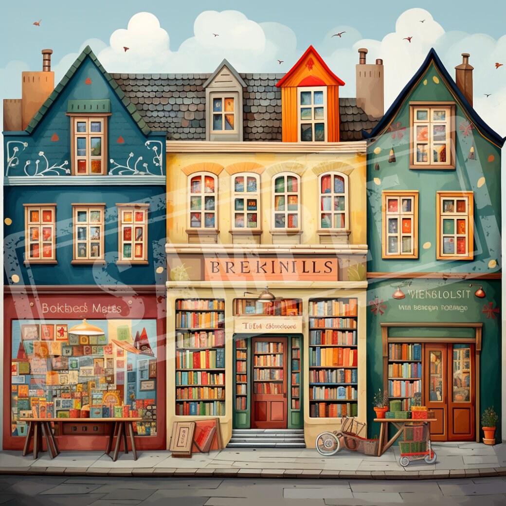 Charming Chapters: Four Folk Art Digital Prints of Bookstore ...