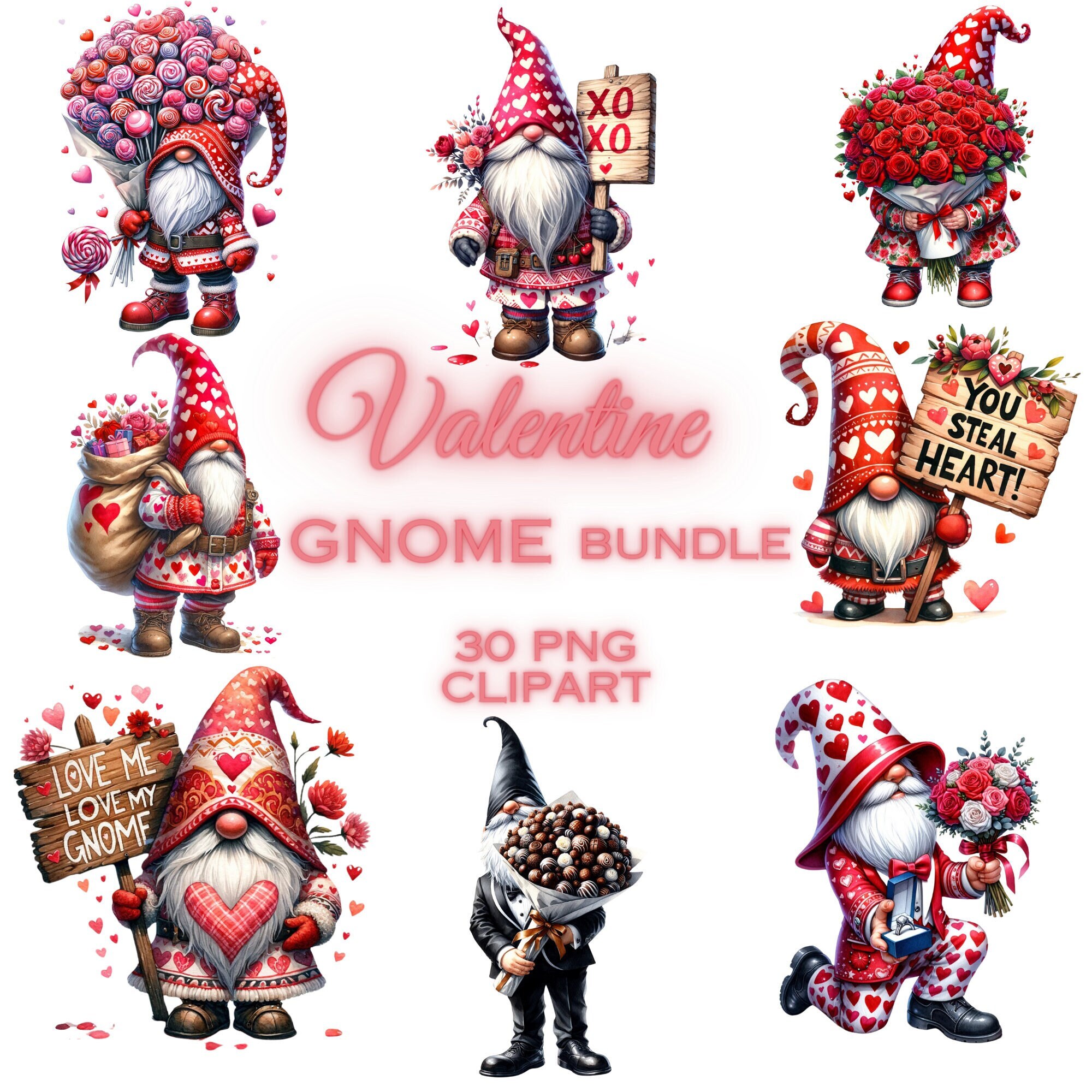 30 Gnome Valentine Cliparts, Clipart Bundle, Valentine Png Graphics ...