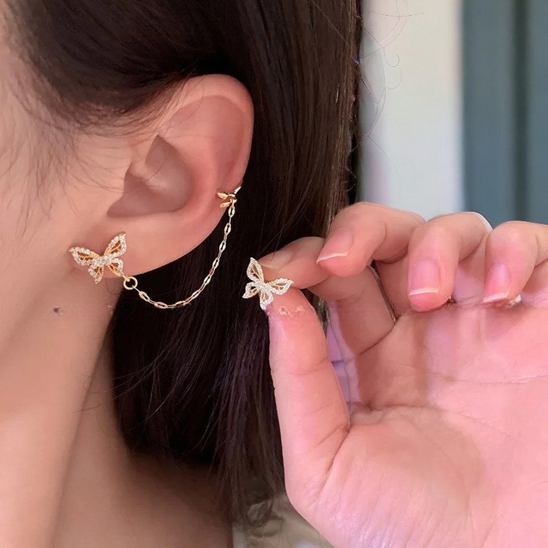Asymmetrical Double Butterfly Clip Earrings, Irregular Butterfly Tassel ...