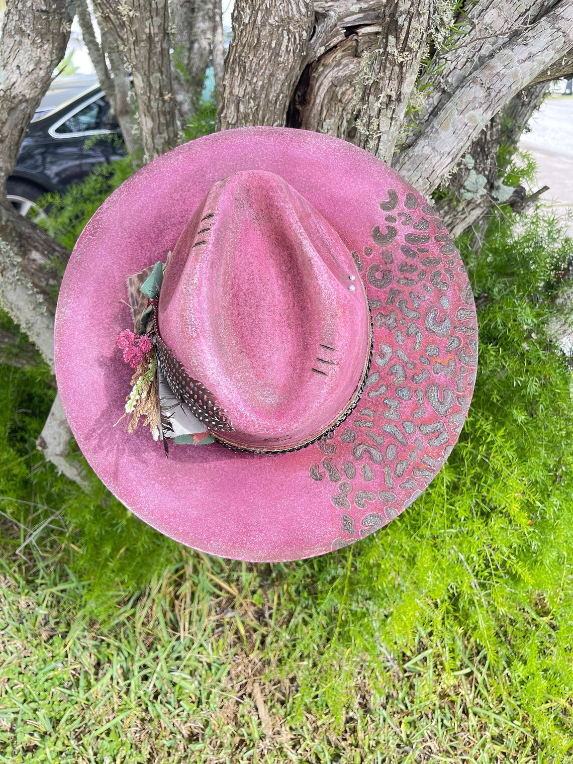 Berry Pink Glitter Burned Burnt Cheetah Flat Brim Western Fedora Hat ...