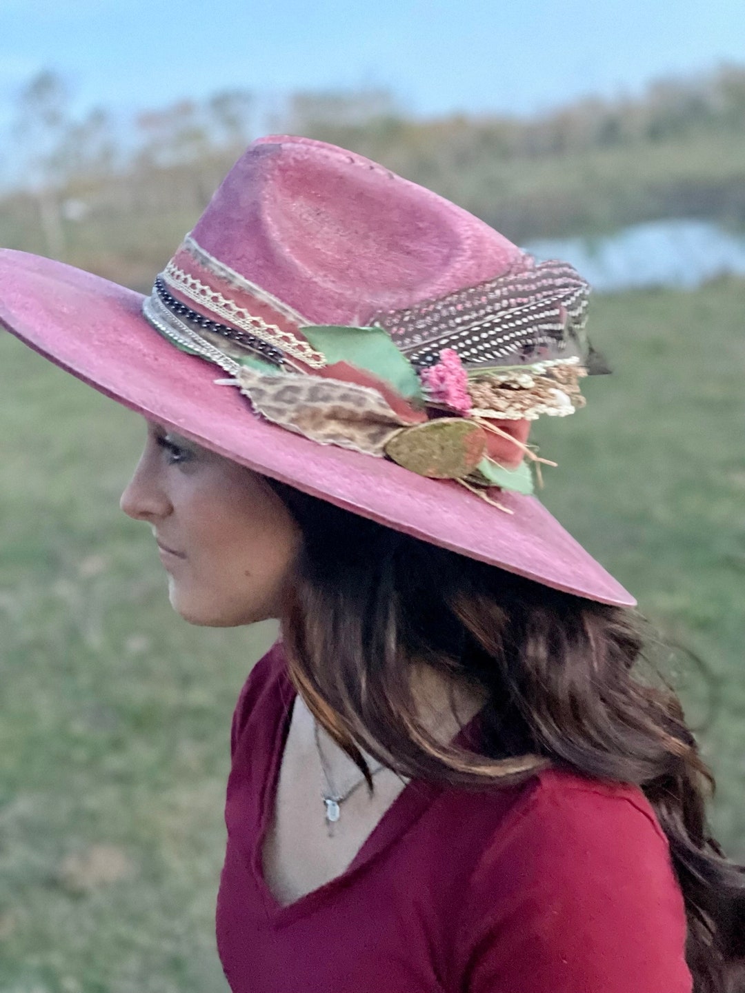 Berry Pink Glitter Burned Burnt Cheetah Flat Brim Western Fedora Hat ...
