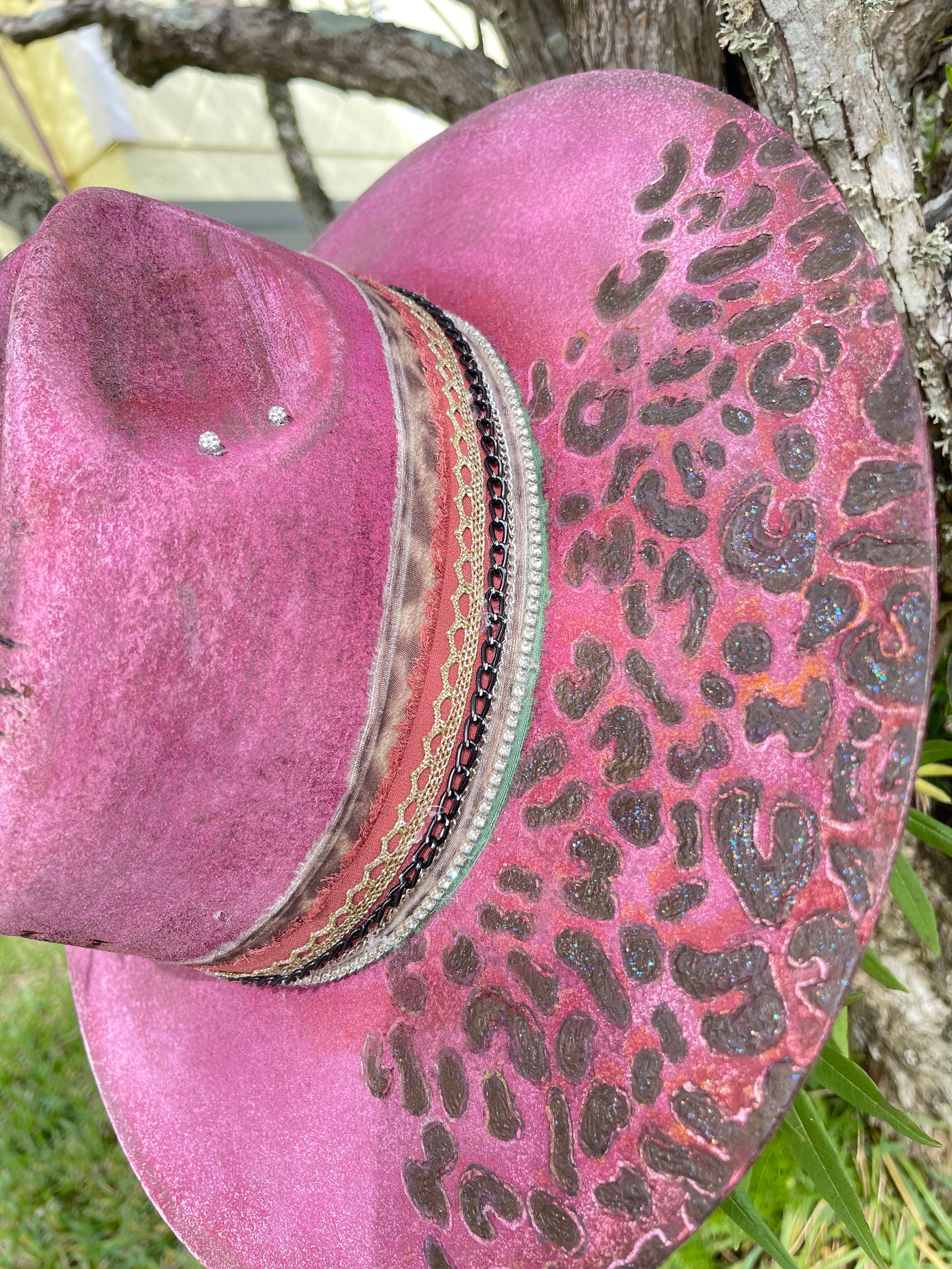 Berry Pink Glitter Burned Burnt Cheetah Flat Brim Western Fedora Hat ...