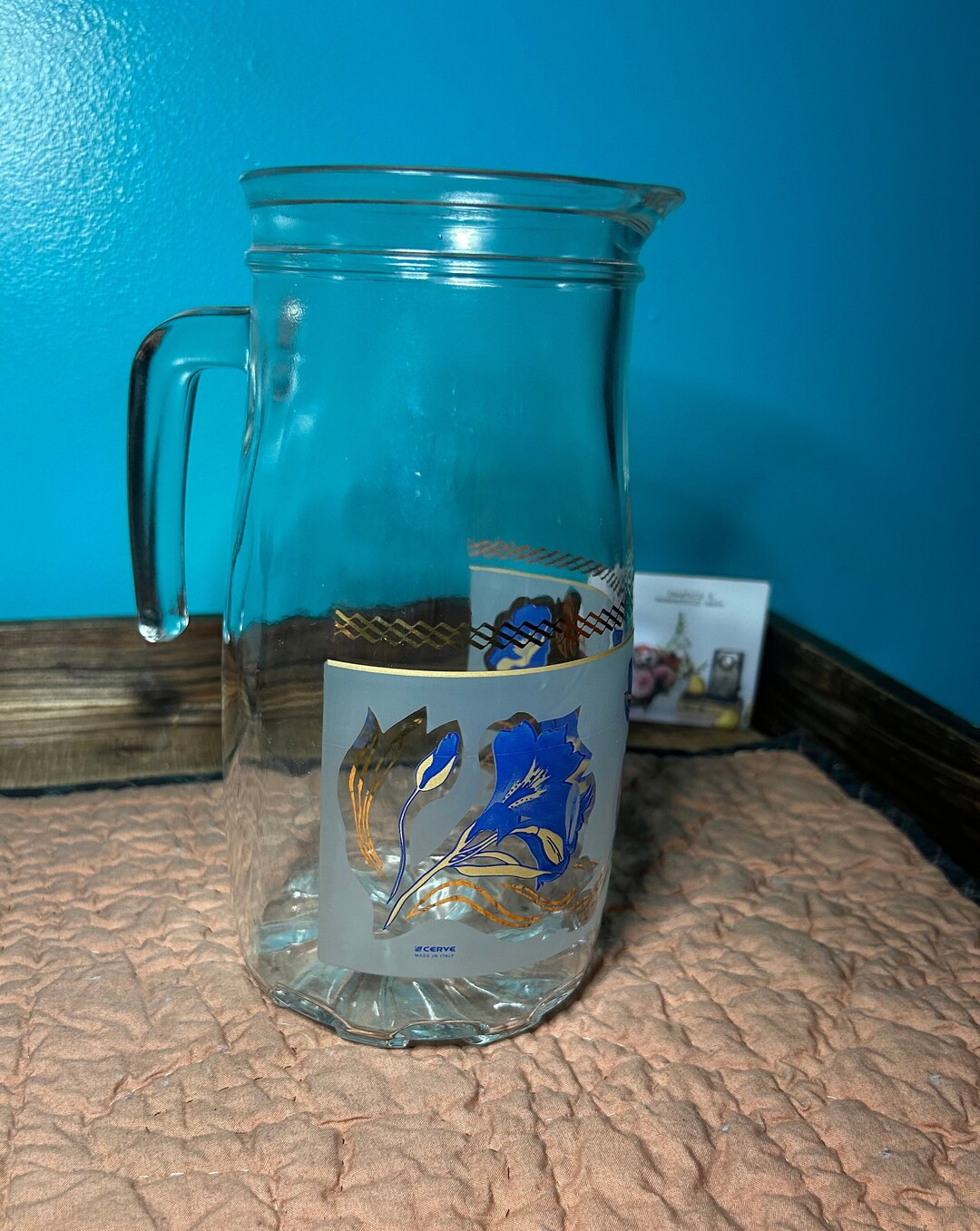 Vintage Italian Glass Pitcher With Blue and Gold Flowers With Gold ...