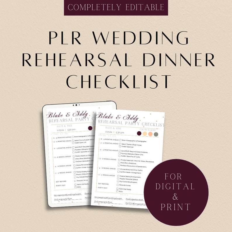 PLR Digital Planner Templates Wedding Rehearsal Checklist Master Resell ...
