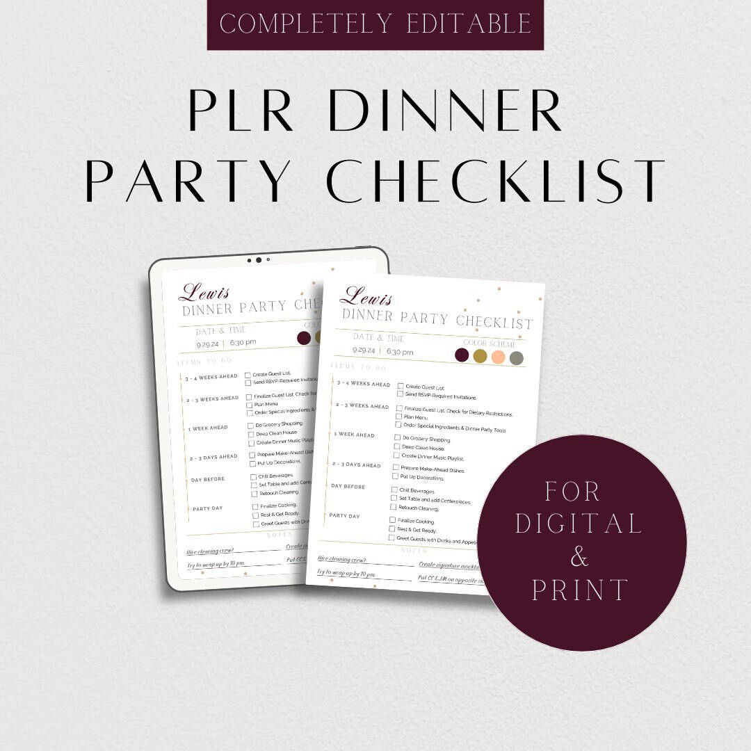 PLR Digital Planner Templates Dinner Party Checklist Master Resell ...
