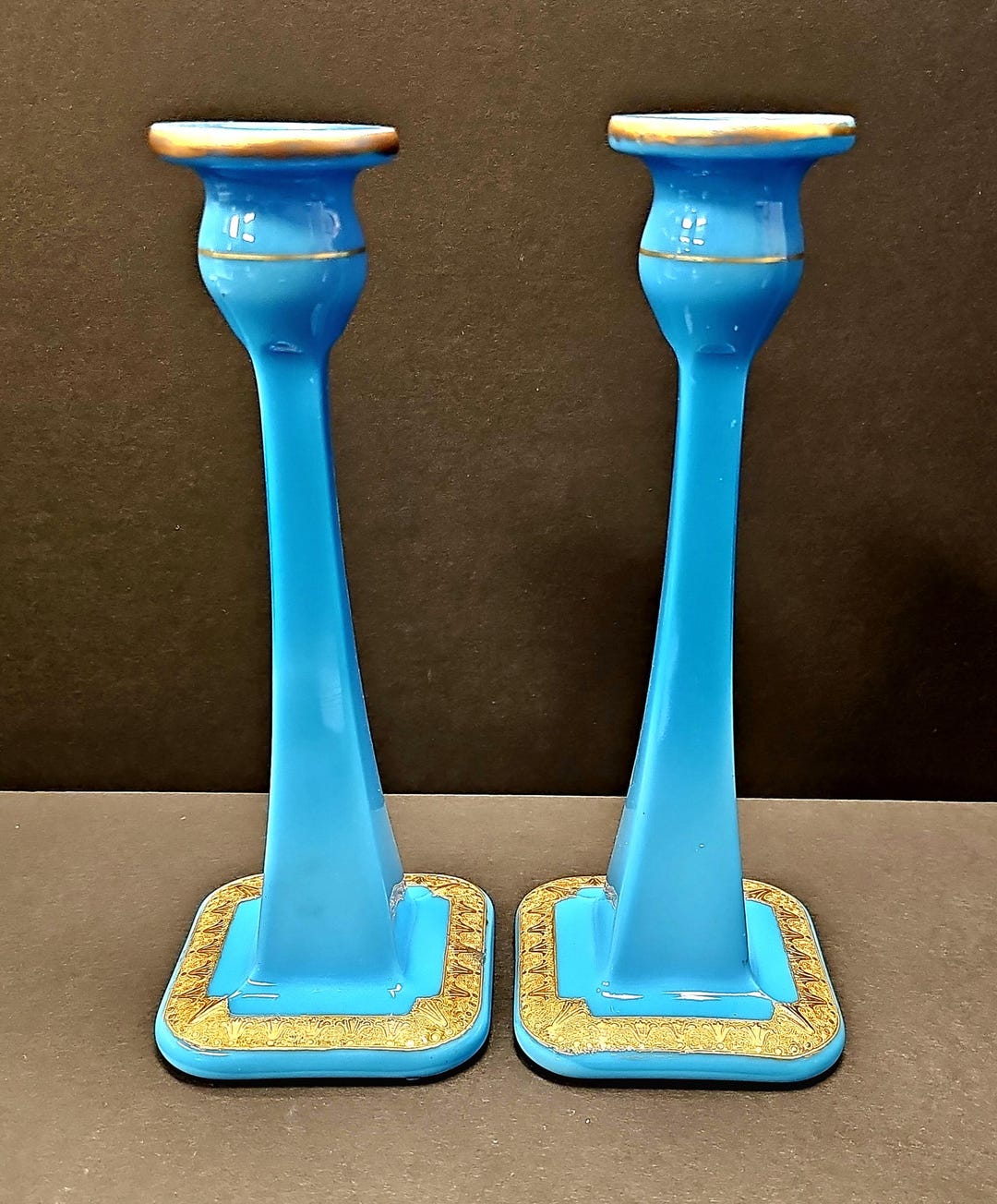 Cambridge "azurite" Candlesticks With Gold Decor 527 - Etsy