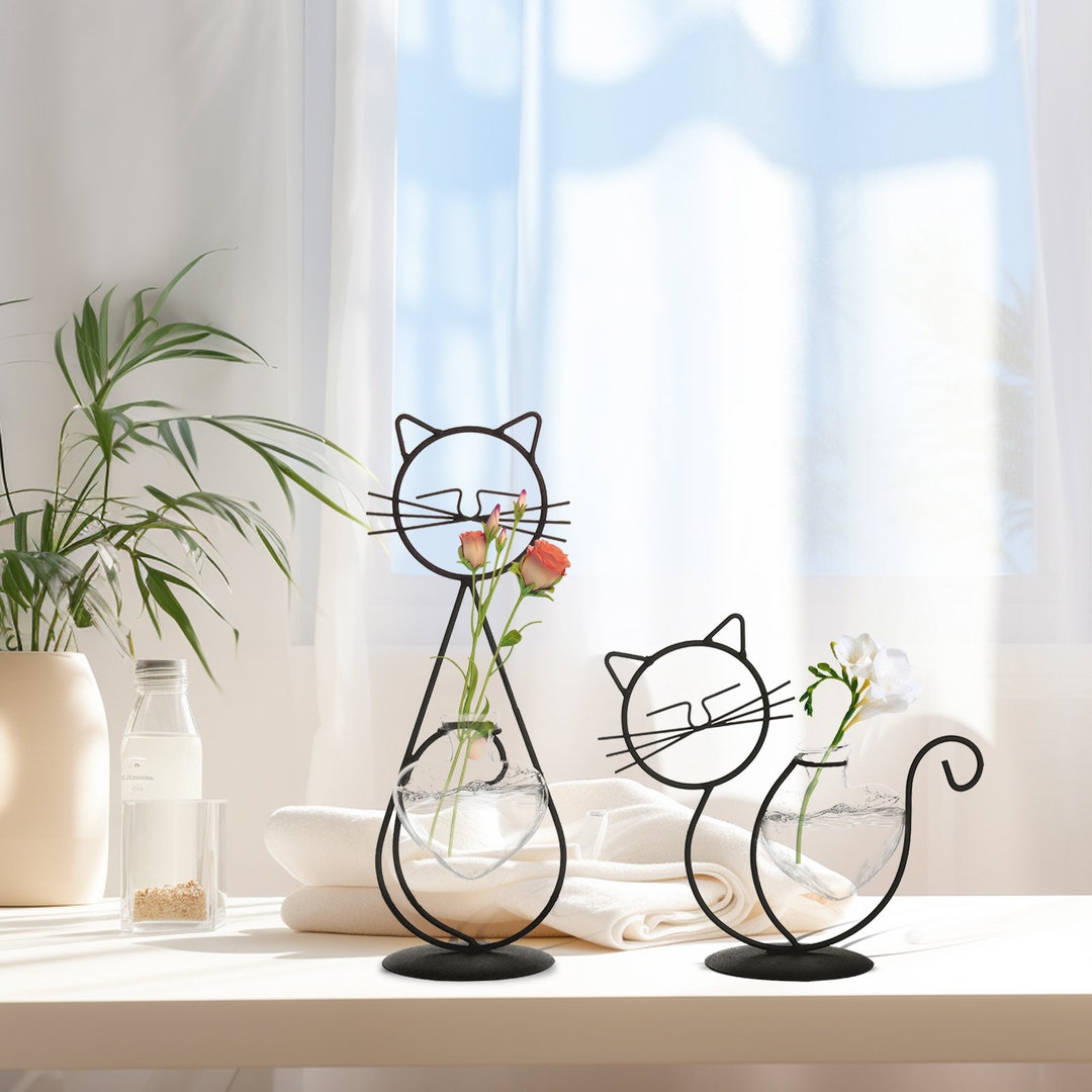 Iron Cat Hydroponic Container Heart Vase Glass Propagation Station ...
