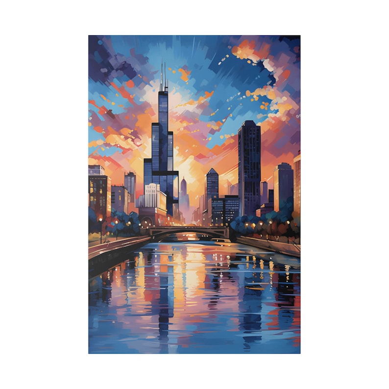 Modern Chicago Skyline Painting Large Canvas Wall Art Mixed Colorful ...