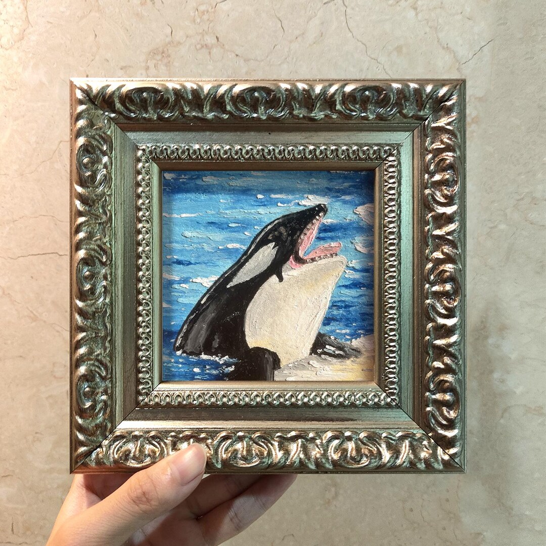 Framed Orca Painting, Oil Pastel 3D Texture, Marine Animal Art (10x10 ...