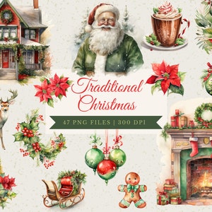 Traditional Christmas Clipart Bundle, Watercolor Winter Clipart ...