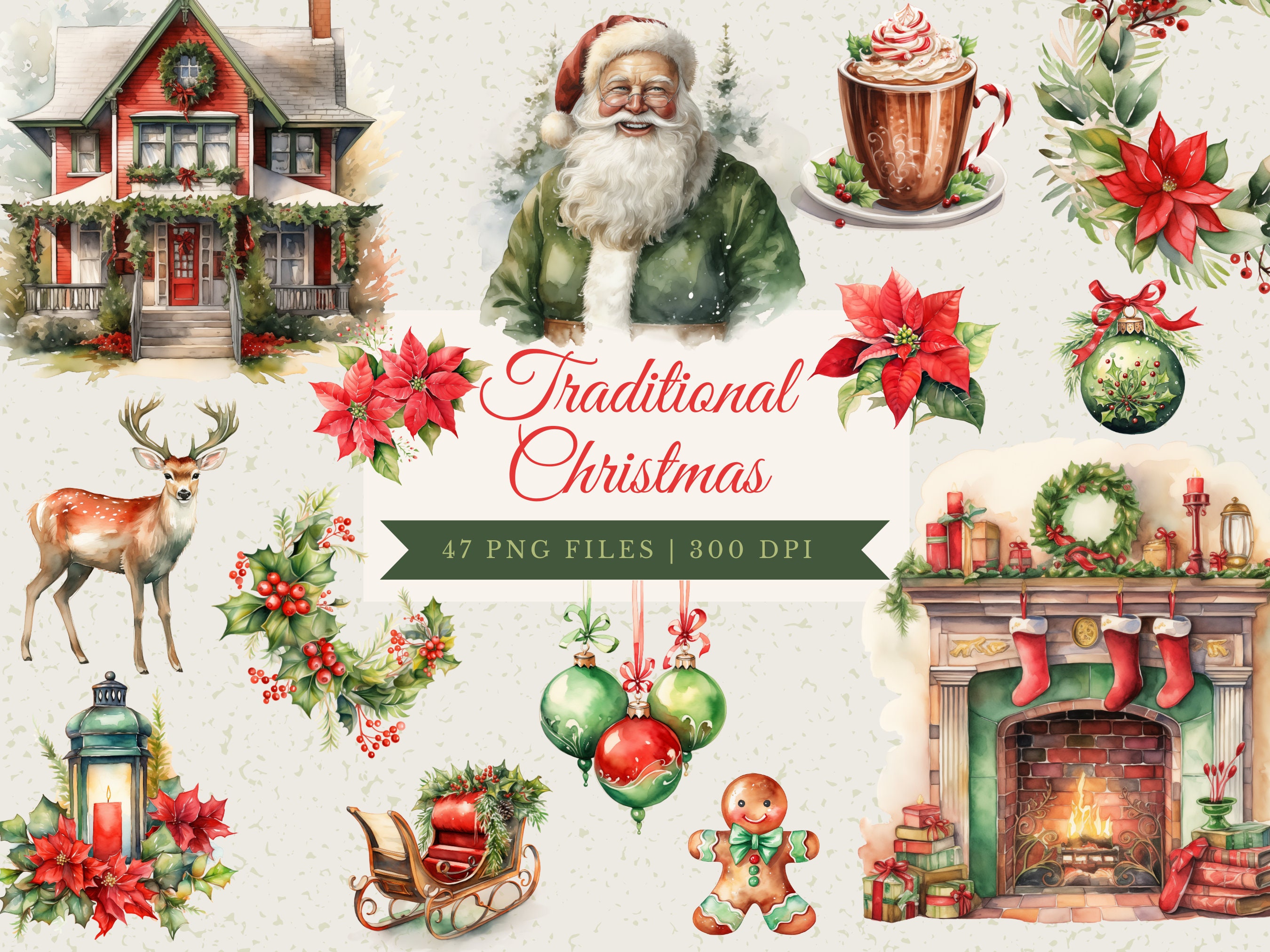 Traditional Christmas Clipart Bundle, Watercolor Winter Clipart ...