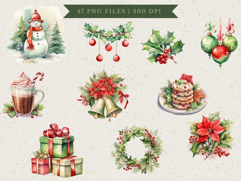 Traditional Christmas Clipart Bundle, Watercolor Winter Clipart ...