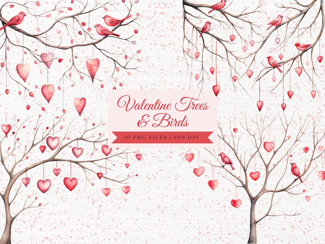 Valentine Tree Hearts & Birds Clipart, Love Nature Graphics, Valentines ...