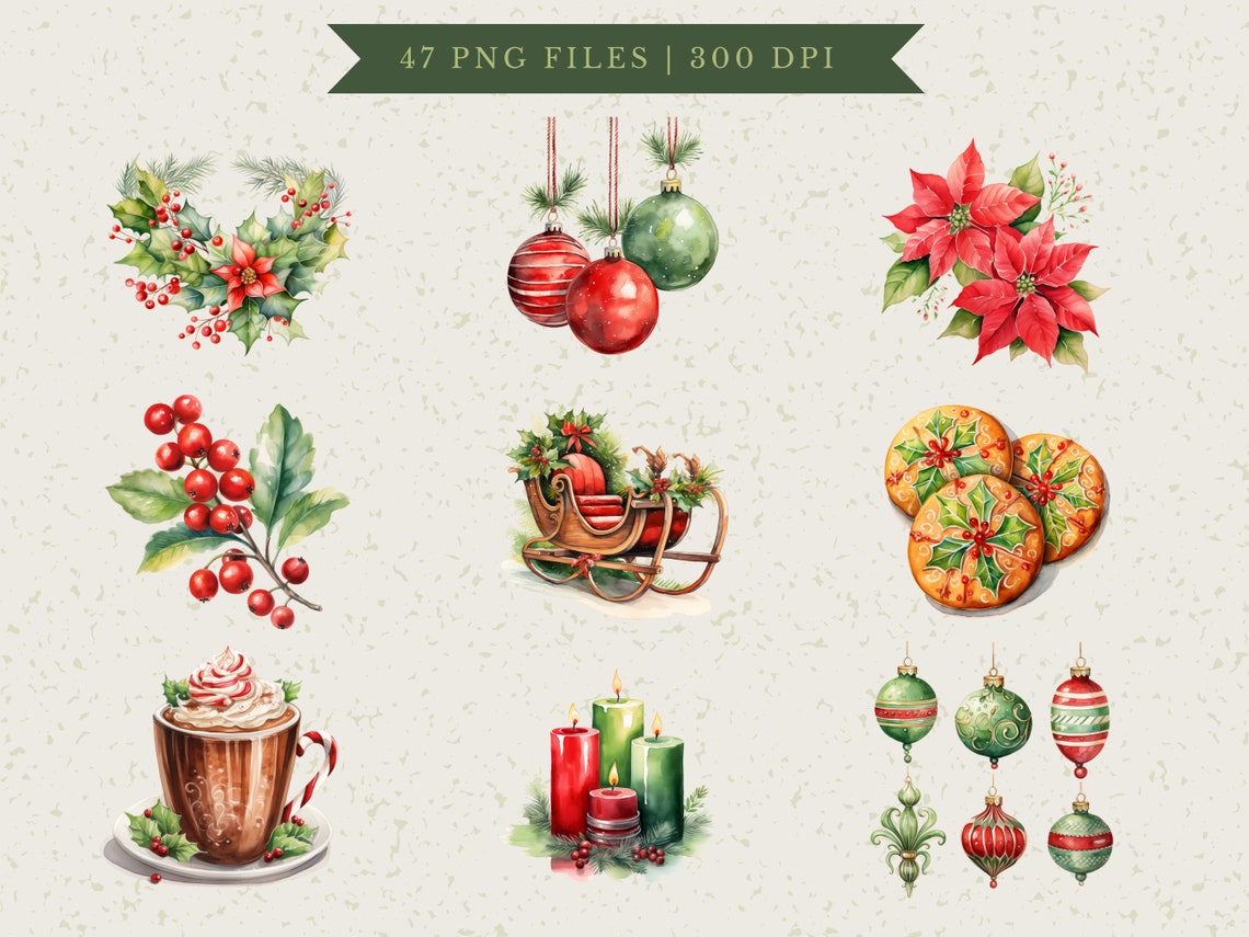 Traditional Christmas Clipart Bundle, Watercolor Winter Clipart ...
