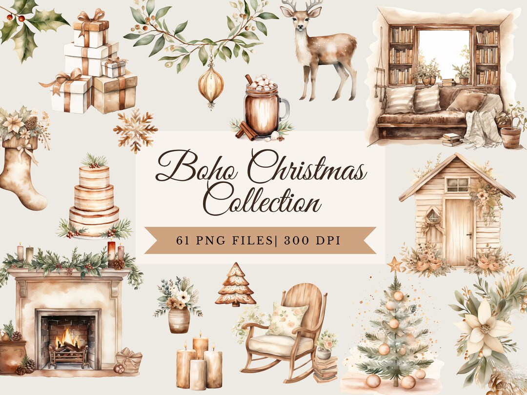 Boho Christmas Clipart, Watercolor Cozy Christmas Clipart, Xmas Clipart ...