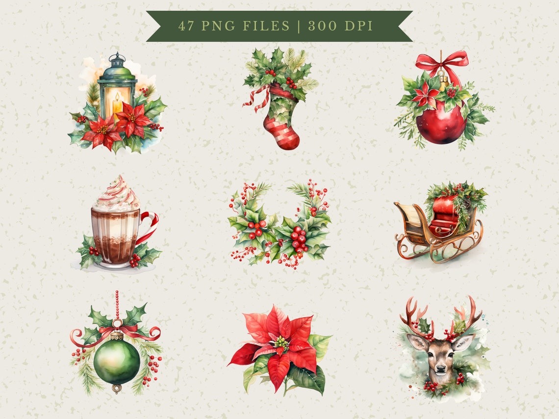 Traditional Christmas Clipart Bundle, Watercolor Winter Clipart ...