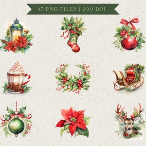 Traditional Christmas Clipart Bundle, Watercolor Winter Clipart ...