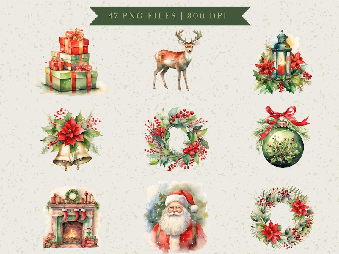 Traditional Christmas Clipart Bundle, Watercolor Winter Clipart ...