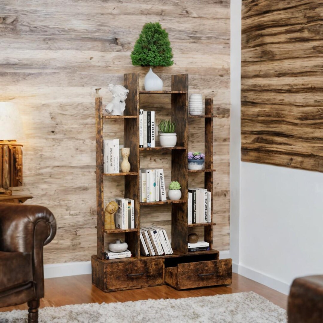 Industrial Style Open Display Rack, Double Drawer Bookcase, Retro Open ...