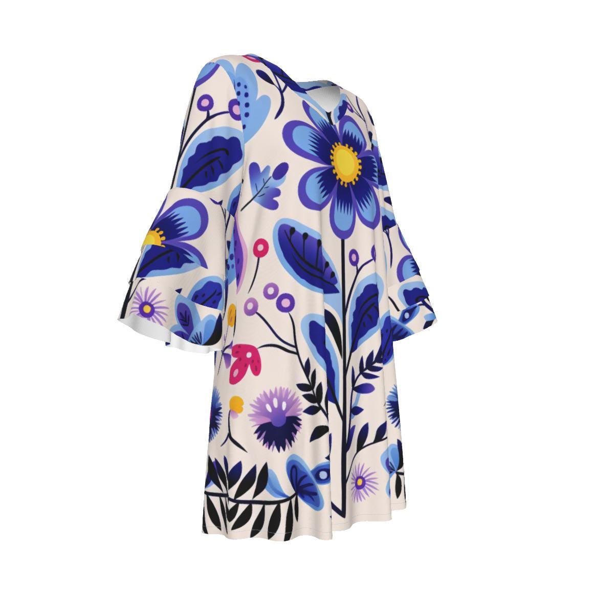 Blue Floral Bell Ruffle Sleeve Dress – Boho Botanical Tunic, Spring ...