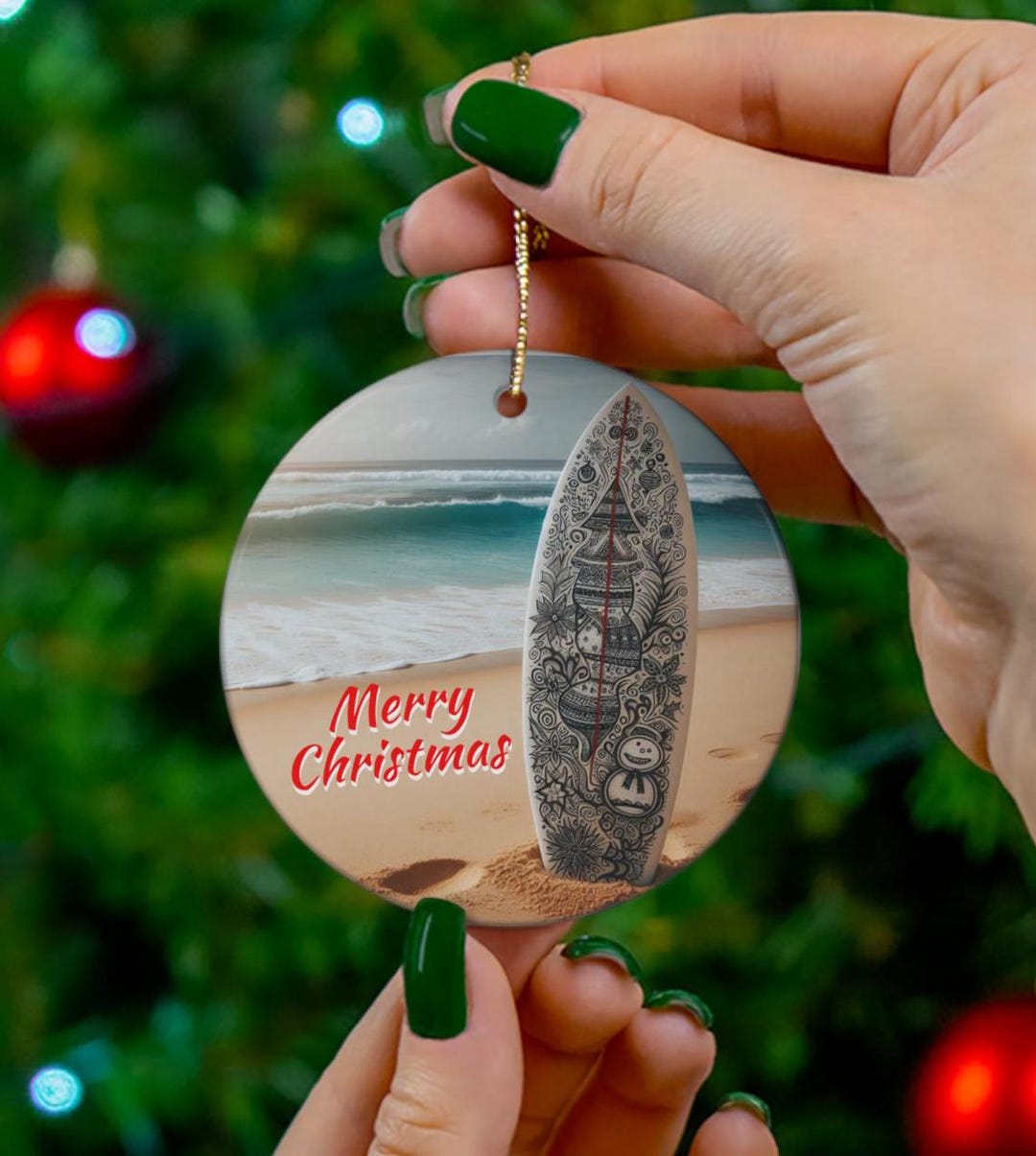 Merry Christmas Surfboard on the Beach Ceramic Ornament for the Surfers ...
