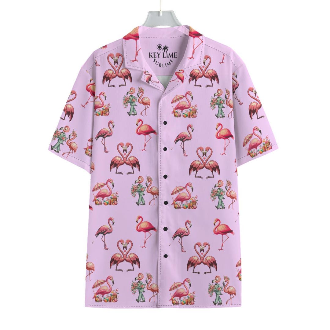 Pink Flamingo Hawaiian Shirt, Cuban Collar Button-up, Party Luau Style ...