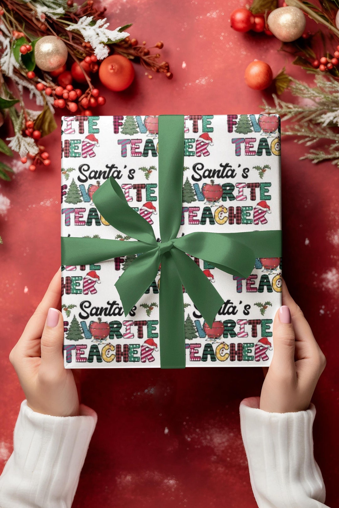 Santa's Favorite Teacher Christmas Wrapping Paper Festive Teacher Gift ...