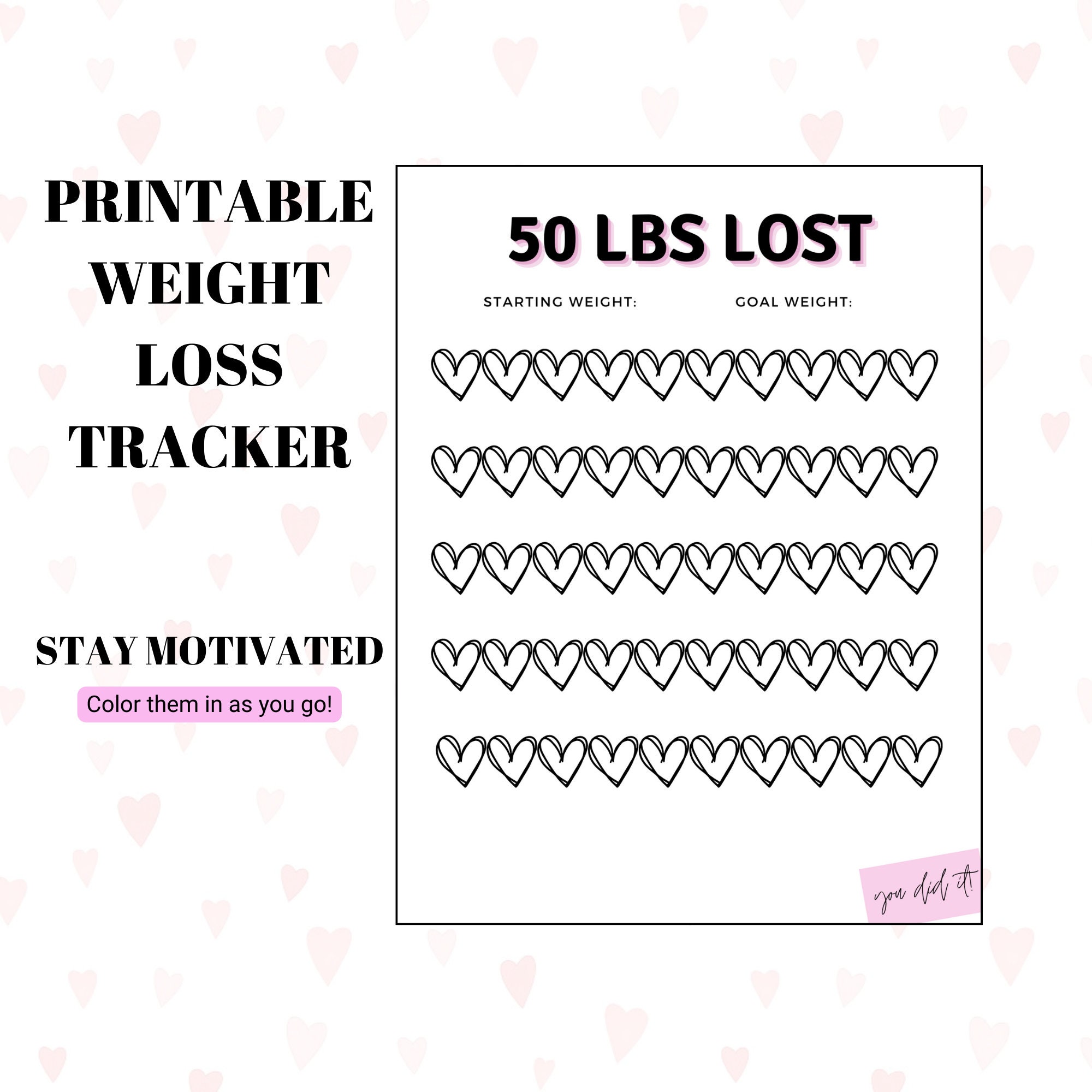 Printable WEIGHT LOSS Tracker, Cute Pink Hearts, Coloring, Visual ...