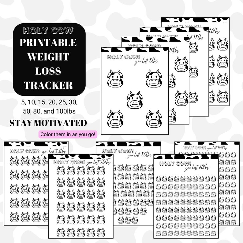 Cow PRINTABLE Weight Loss Tracker BUNDLE, Coloring Visual Tracker, Goal ...