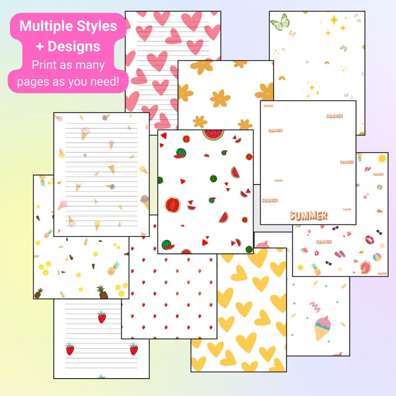 Printable SUMMER STATIONARY SET, Summer Themed Paper, Lined and Unlined ...