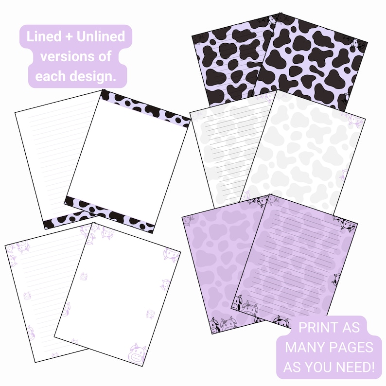 Purple Cow Print Stationery Set, Lined & Unlined (digital Download) - Etsy