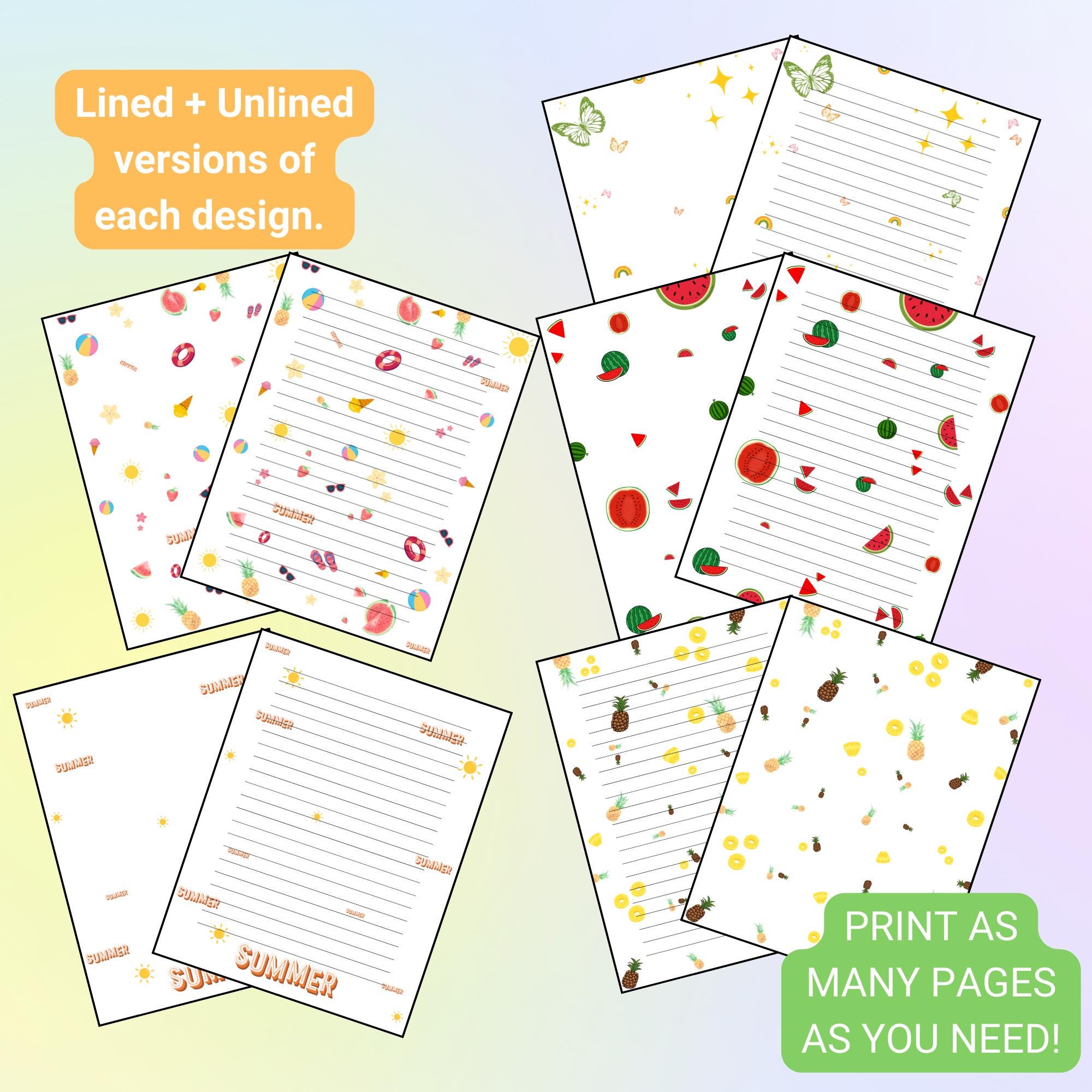Printable SUMMER STATIONARY SET, Summer Themed Paper, Lined and Unlined ...