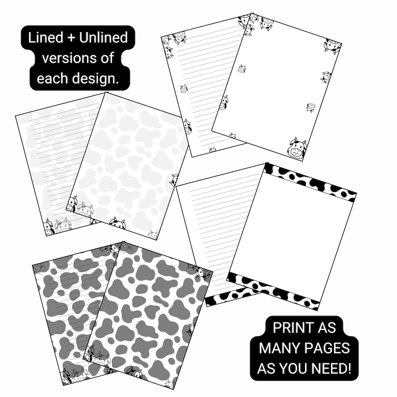 Cow Print Stationary, Lined & Unlined Paper (digital Download) - Etsy