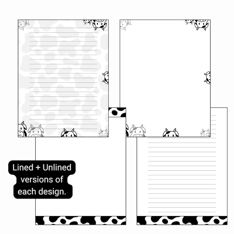 Cute Cow Stationary Printable Paper Digital Stationary Black And