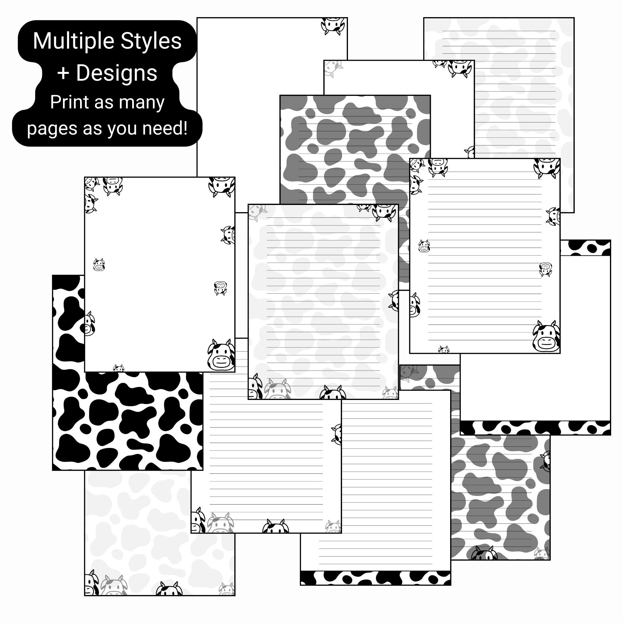 Cute COW STATIONARY, Printable Paper, Digital Stationary, Black and ...