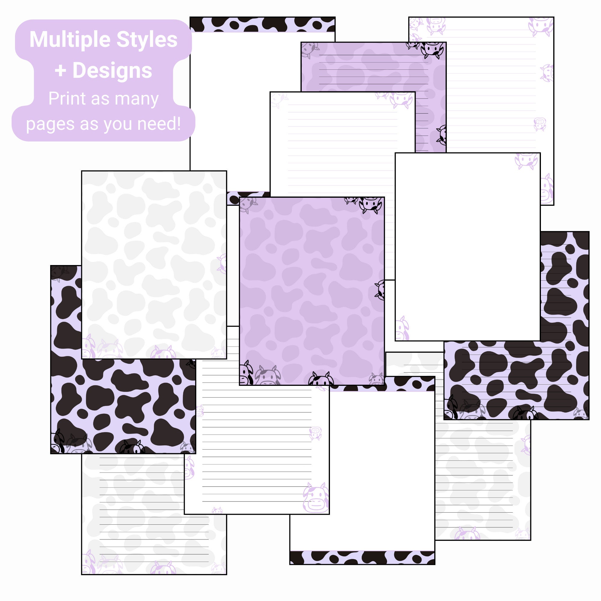 Cow Print Paper, Purple Cow Print Notepad, Printable Notebook, Lavender ...